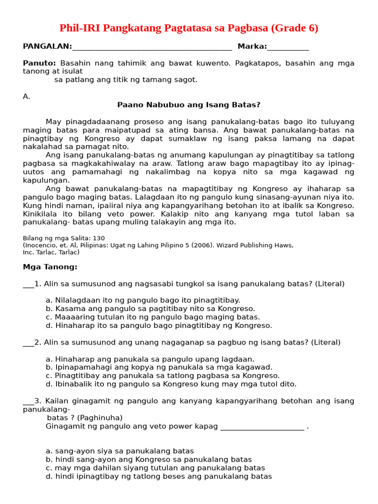 Phil-Iri GST Reading Passage (Filipino) | PDF