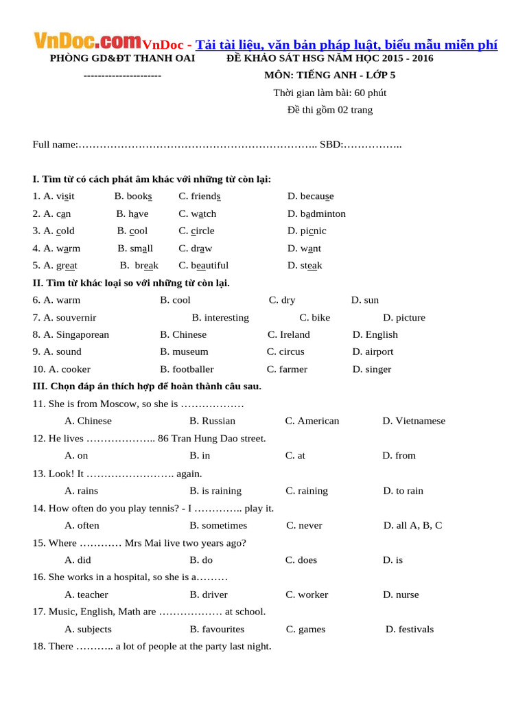 De Khao Sat Hoc Sinh Gioi Mon Tieng Anh Lop 5 Huyen Thanh Oai Ha Noi Nam Hoc 2015 2016 | PDF ...