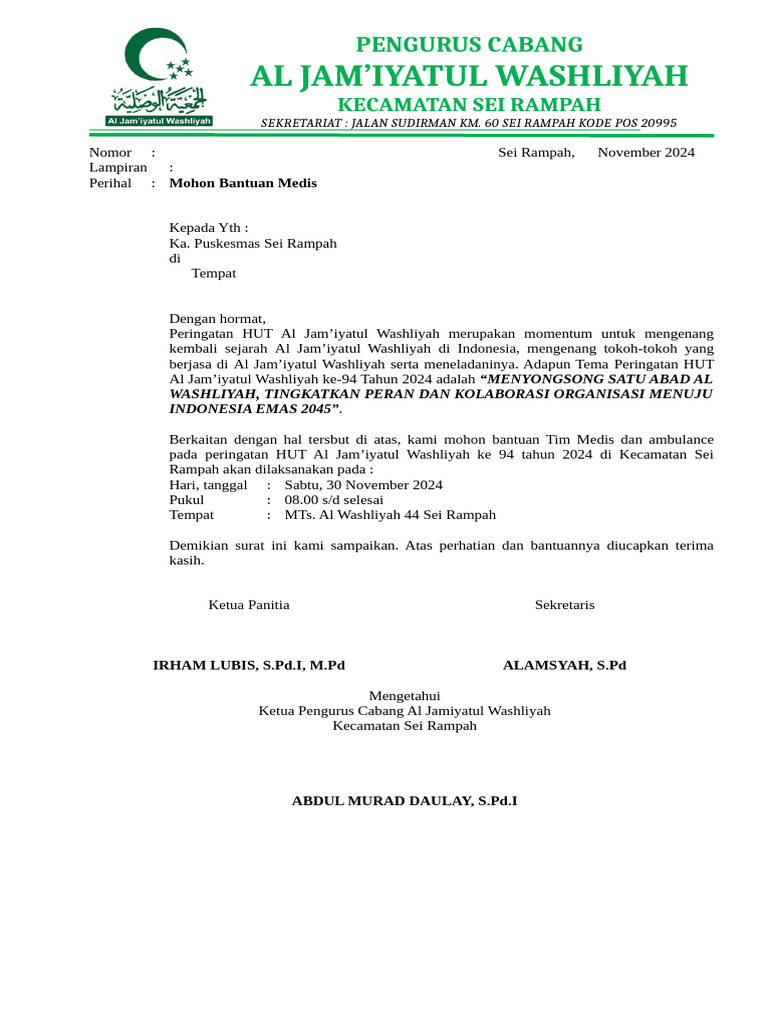 Surat Mohon Tim Medis HUT AW 2024 | PDF