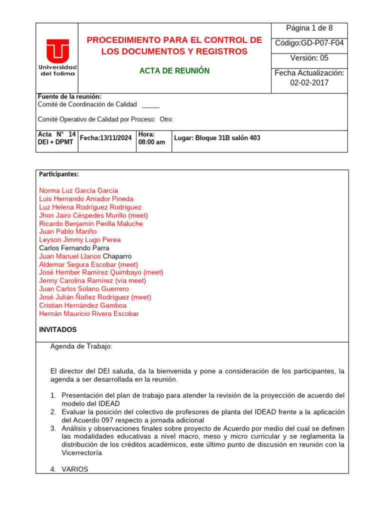 Acta 14 Reunión DEI + DPMT_13112024 | PDF | Pedagogía