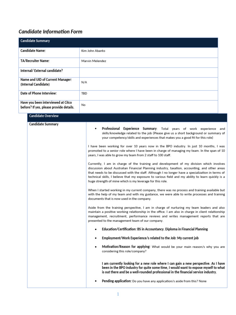 Candidate Information Form - MM | PDF | Recruitment | Business