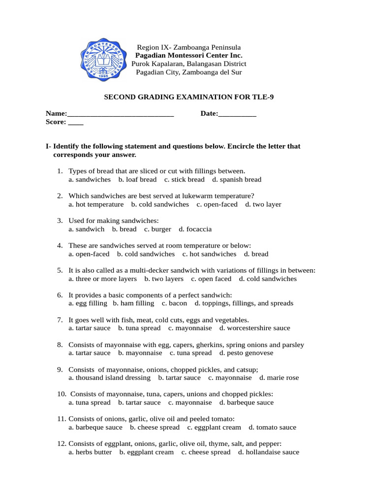 G9 Second Grading Exam TLE | PDF | Pesto | Asian Cuisine