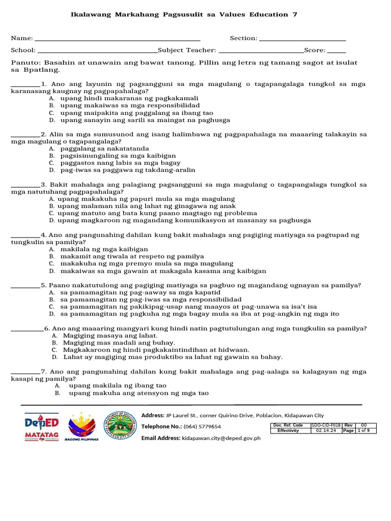 Ikalawang Markahang Pagsusulit Sa Values Education 7 | PDF