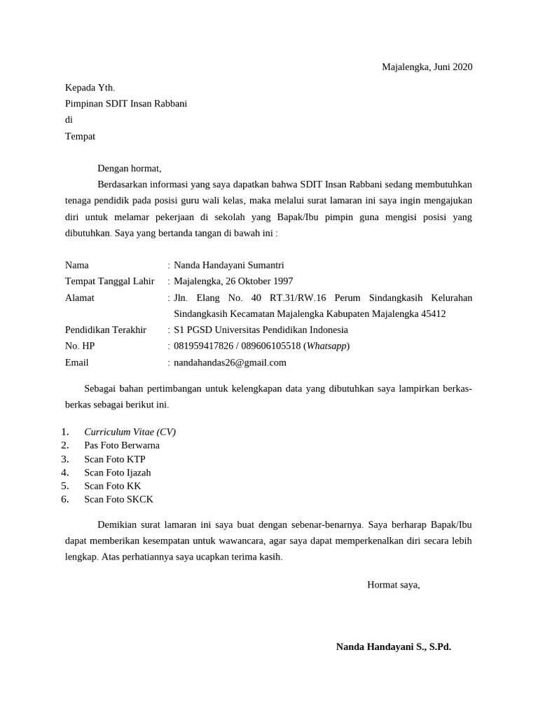 Surat Lamaran Sdit Insan Rabbani | PDF