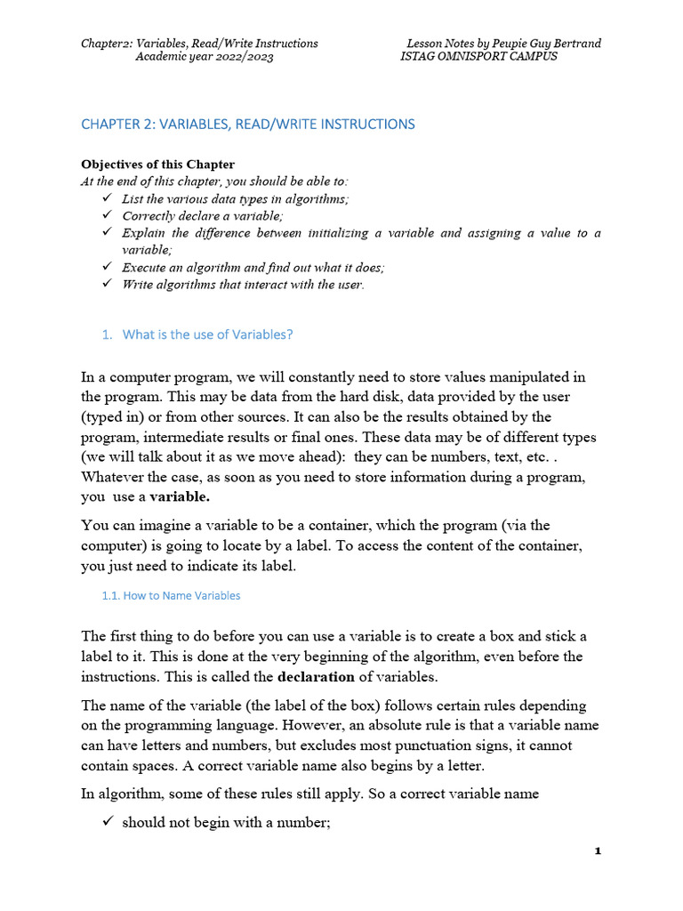 Chap2 Variables Algorithms Pdf Data Type Variable Computer Science 