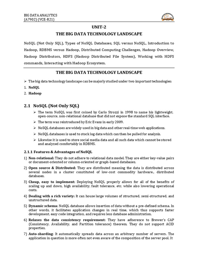 UNIT -2 BDA -Hadoop R21 A7902 FINAL | PDF | Apache Hadoop | No Sql
