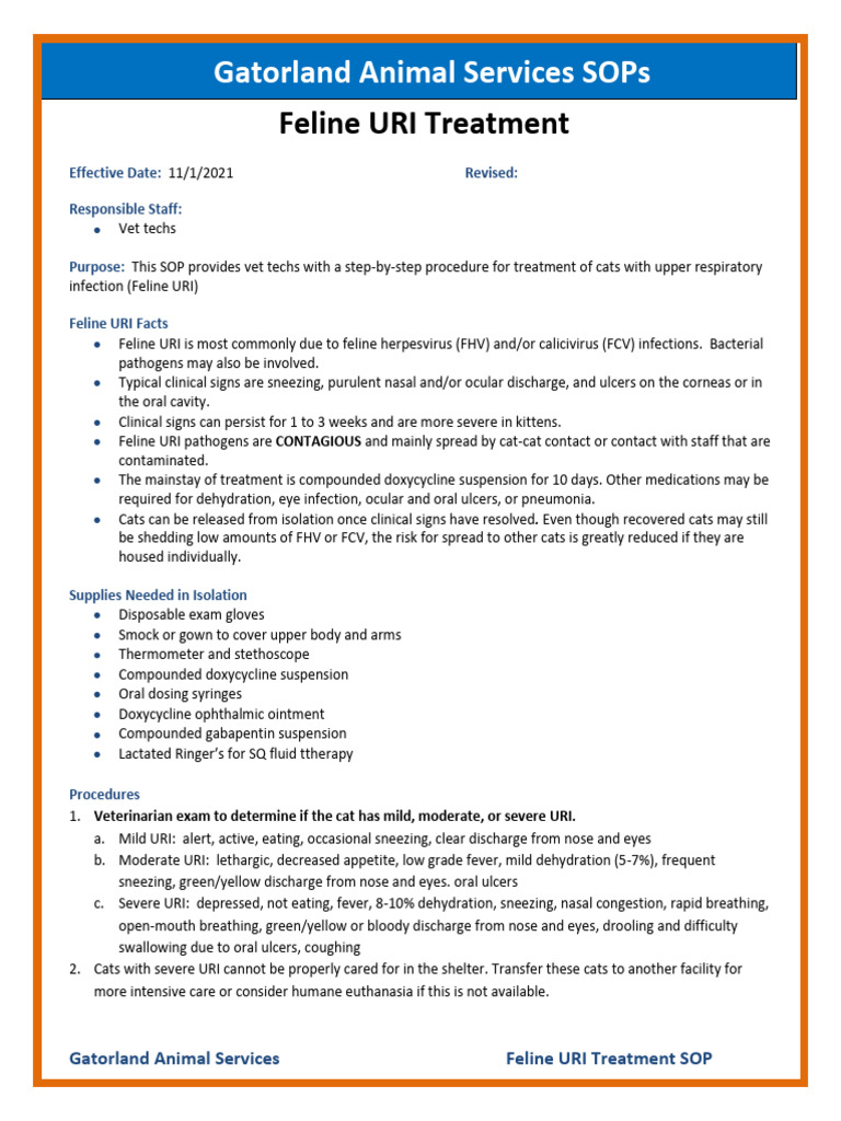 Feline URI Treatment SOP for Vet Techs | PDF | Clinical Medicine ...