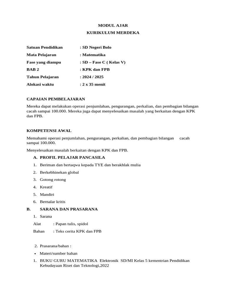Modul Ajar Matematika Bab 2 PB 1 | PDF