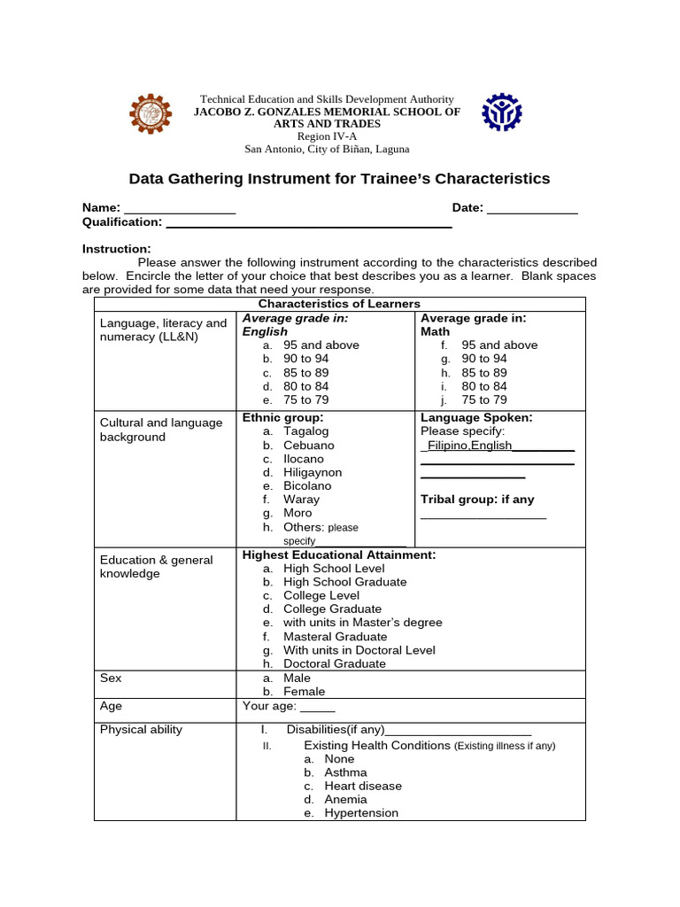 Trainee Characteristics Data Gathering Form | PDF | Learning | Human ...