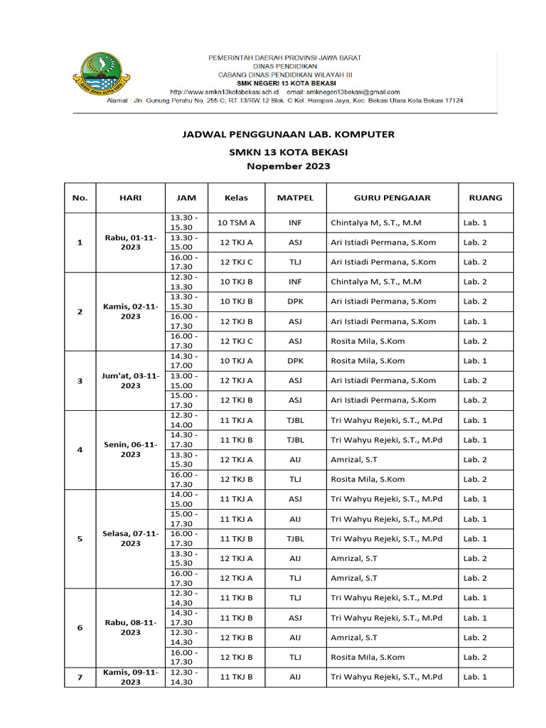 Jadwal Penggunaan Lab Bln November 2023 | PDF