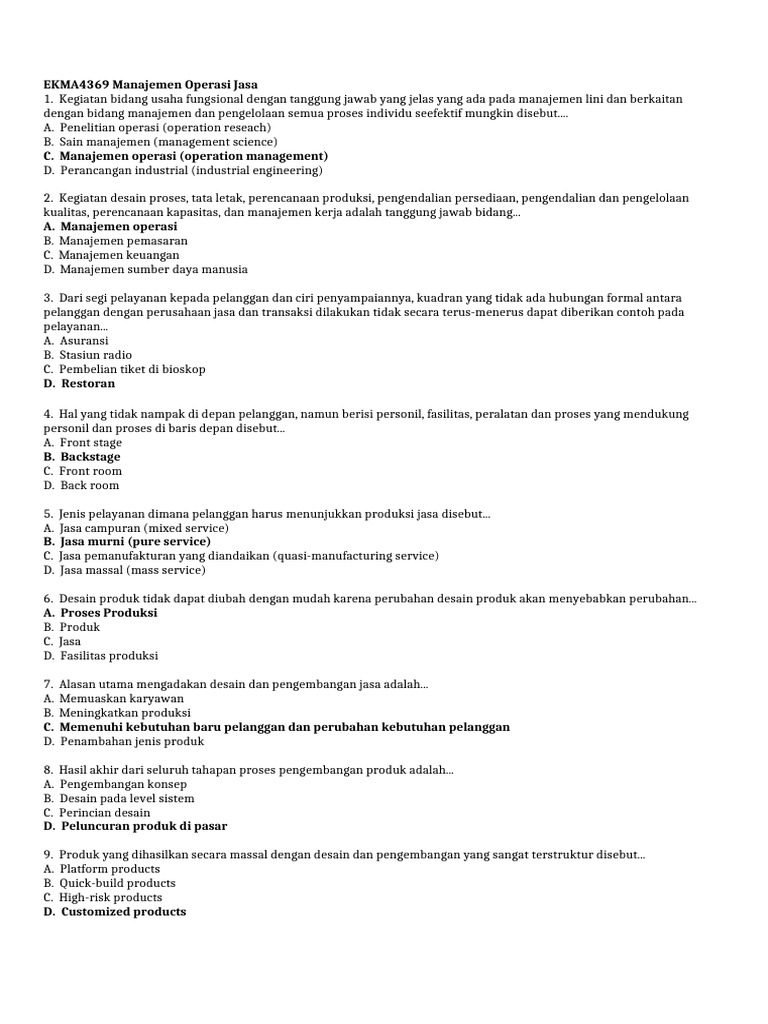 Soal UT EKMA4369 Manajemen Operasi Jasa | PDF