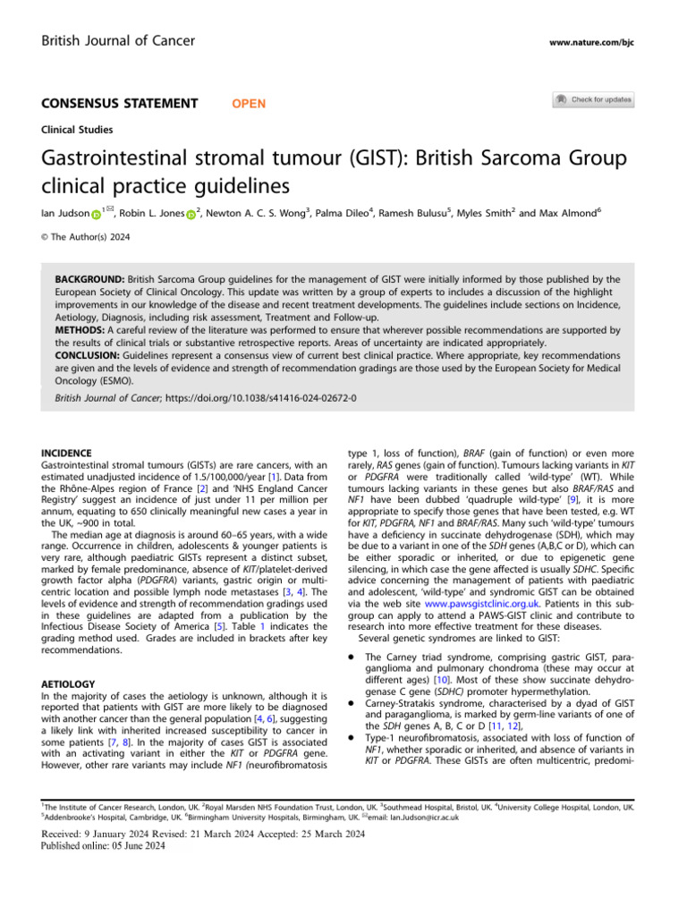 Gastrointestinal Stromal Tumour (GIST), British Sarcoma Group Clinical ...