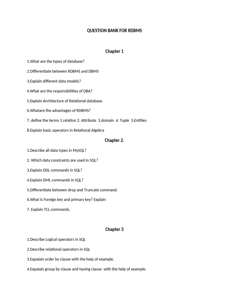 Question Bank For RDBMS-1. | PDF