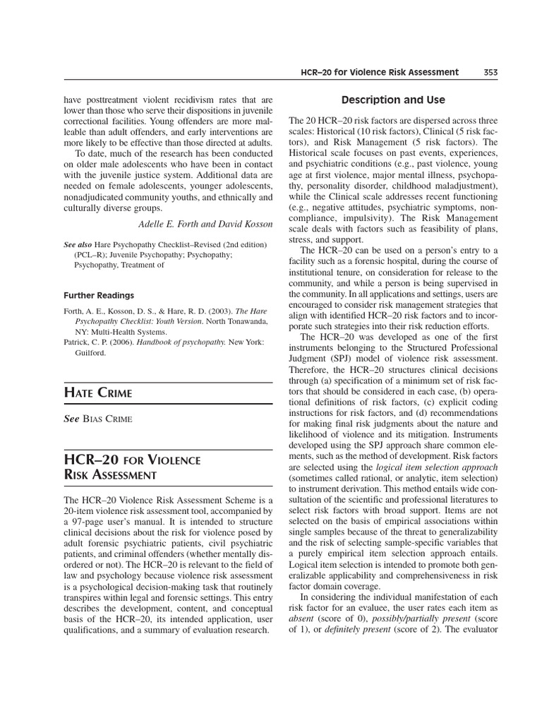HCR-20 Violence Risk Assessment Overview | PDF | Psychopathy | Mental Disorder