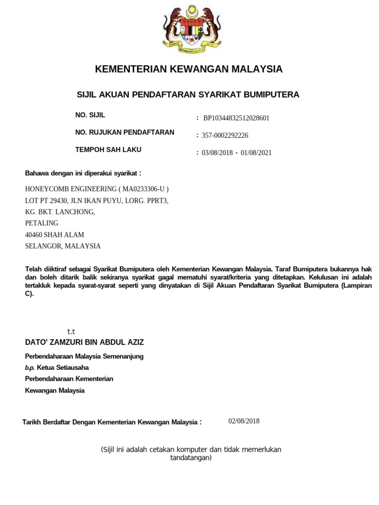 MOF Sijil Akuan Pendaftaran Syarikat Bumiputera BARU 2020 PDF | PDF