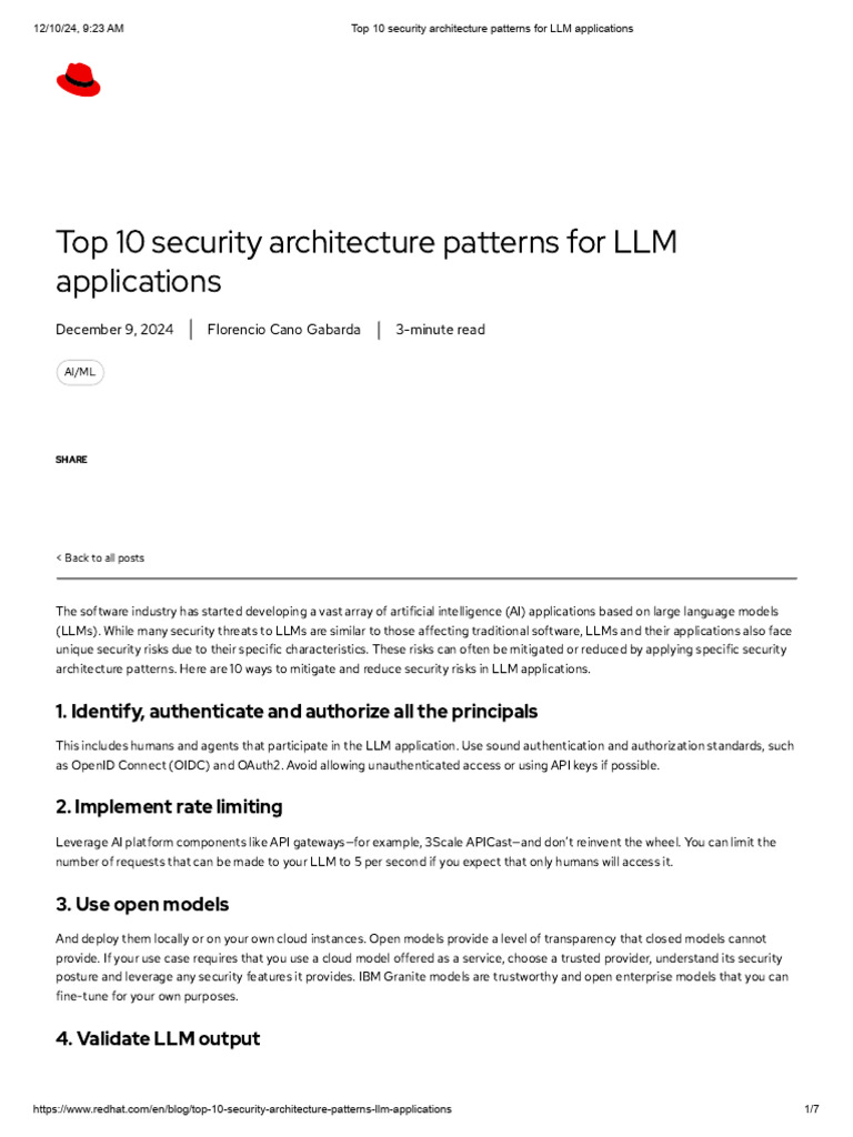 Top 10 security architecture patterns for LLM applications | PDF