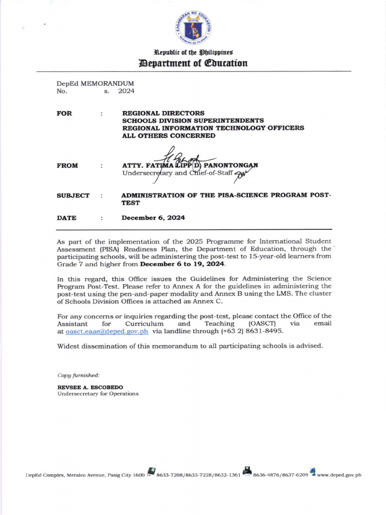 PISA Science Program Post-Test Guidelines | PDF | Philippines