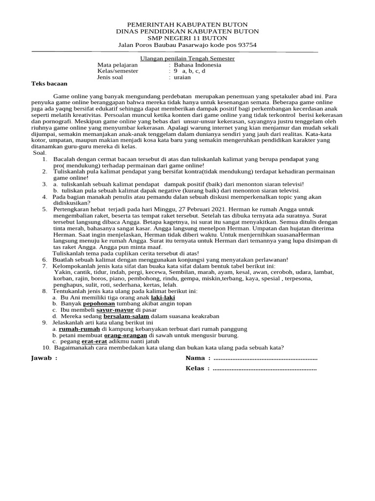 Soal Tengah Semester Kls 9 2021 Bindo | PDF