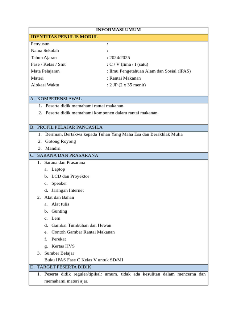 Modul Ajar Rantai Makanan Kelas 5 | PDF