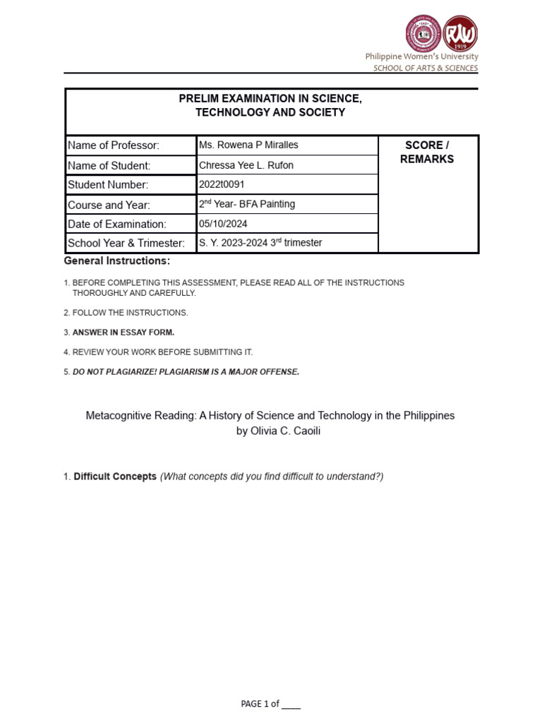 STS - Prelim Exam | PDF | Philippines | New Spain
