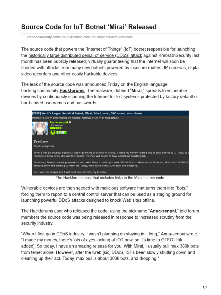 2016-10-01 - Source Code For IoT Botnet Mirai' Released | PDF | Telecommunications | Cybercrime