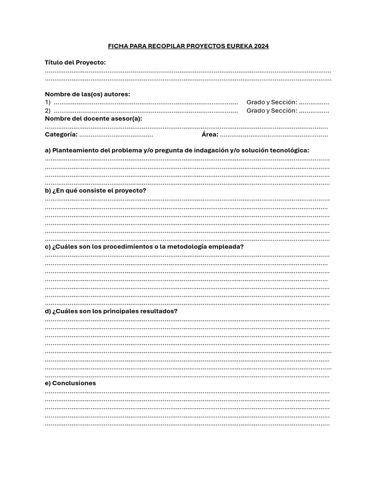 FICHA PARA RECOPILAR PROYECTOS EUREKA 2024 | PDF