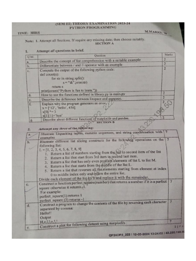 Python Programmimg Question Paper 2024 | PDF