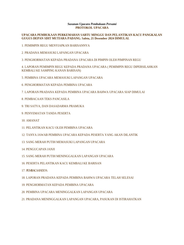 Susunan Upacara Pembukaan Persami Sd It Mutiara Padang | PDF