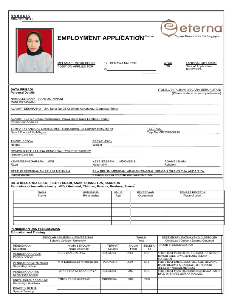 Eterna - Form Empl Application | PDF
