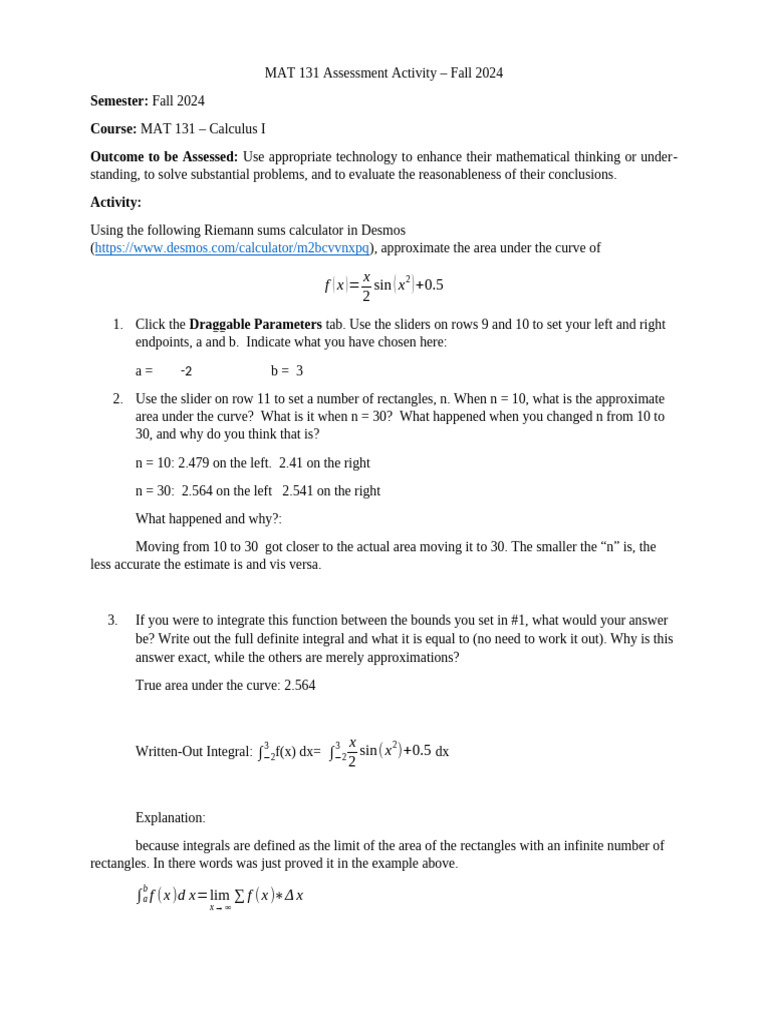 MAT 131 Assessment Activity - Fall 2024 | PDF