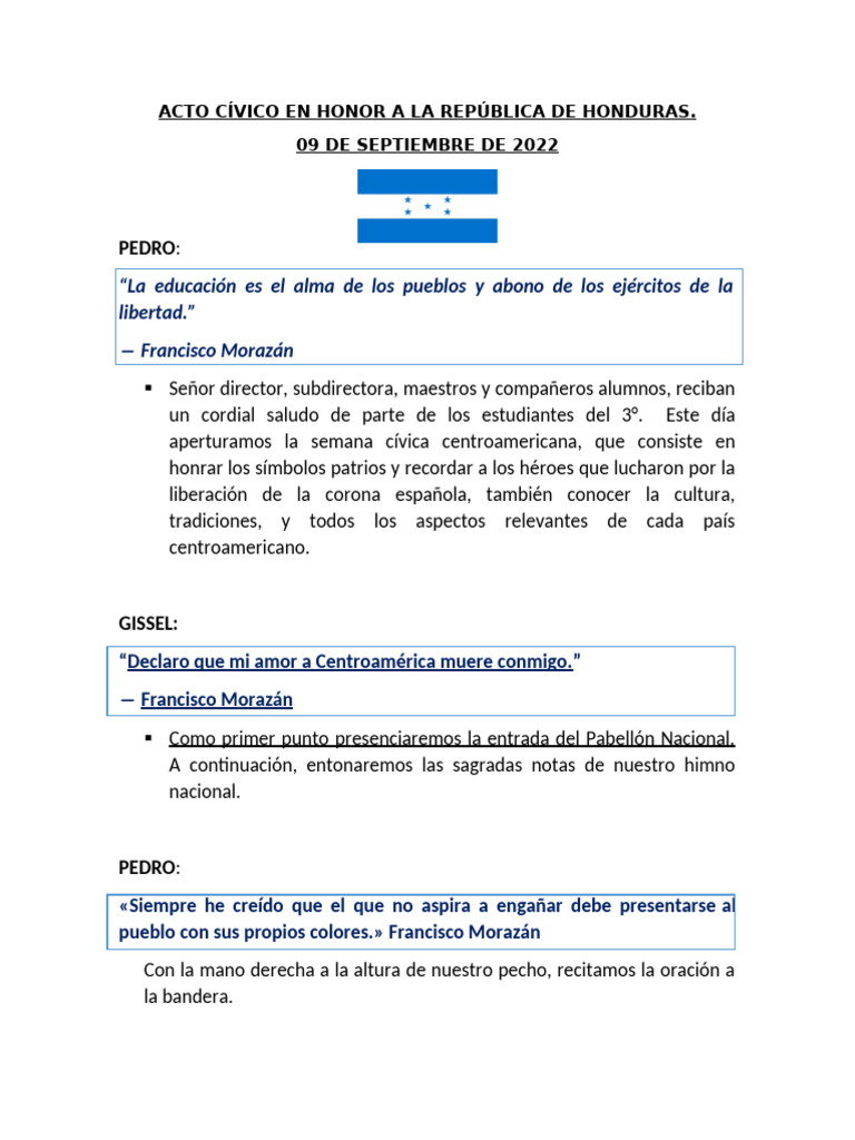 Acto Cívico en Honor a Honduras | PDF | Honduras