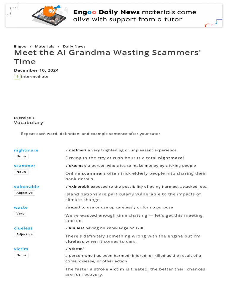 Meet The AI Grandma Wasting Scammers' Time - Engoo Daily News | PDF ...