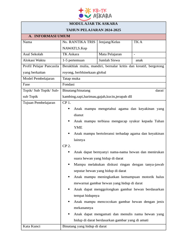Modul Binatang Darat TK Askara | PDF