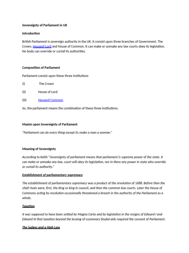 Understanding UK Parliamentary Sovereignty | PDF | Parliament Of The ...