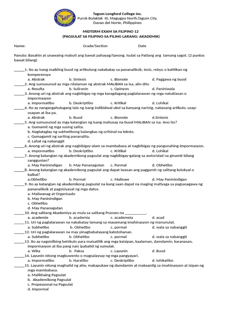 Midterm Exam Sa Filipino 12 | PDF