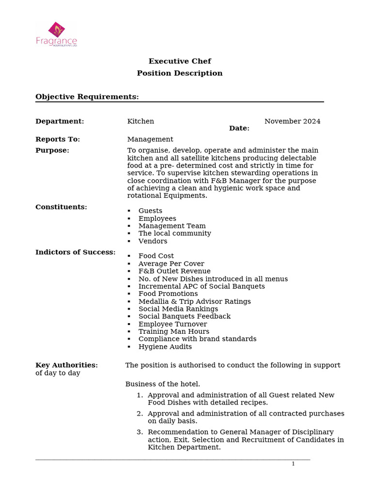 Executive Chef Job Description | PDF | Menu | Supply Chain