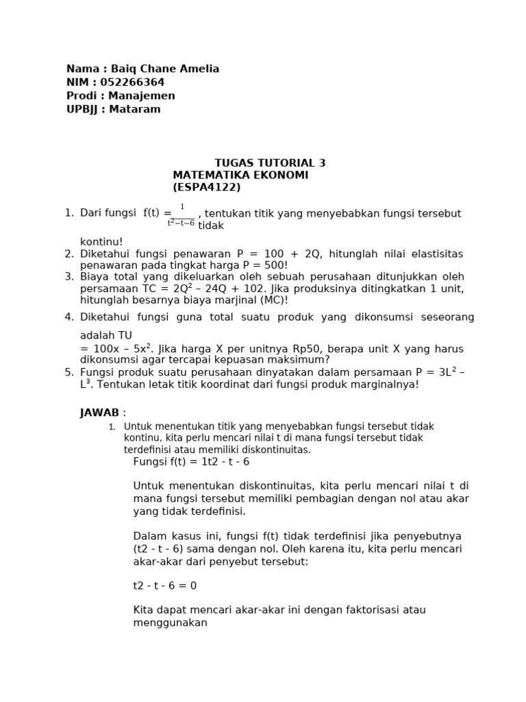 Tugas 3 Matematika Ekonomi | PDF