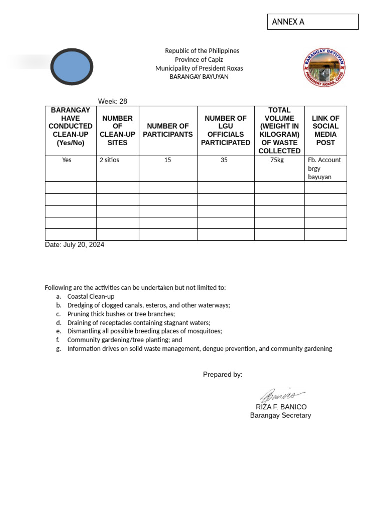 Barangay Bayuyan Clean-Up Report | PDF