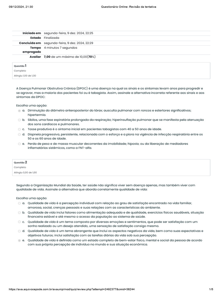 Questionário Online - Revisão Da Tentativa | PDF | Enfermagem | Dor