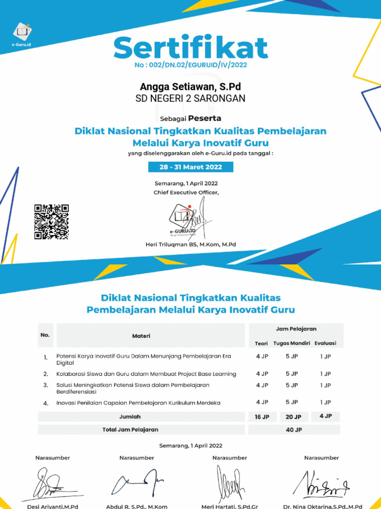 Angga Setiawan, S.PD Sertifikat40JP Maret 2022 E-Guru - Id | PDF