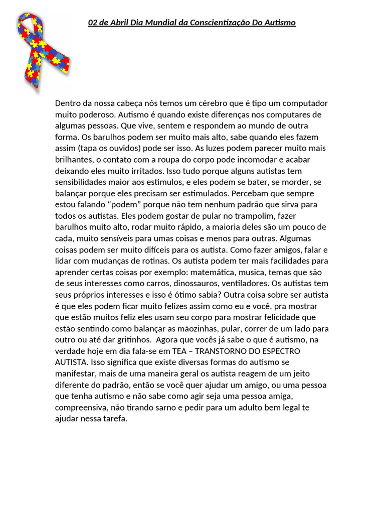 02 de Abril Dia Mundial Da Conscientização Do Autismo | PDF