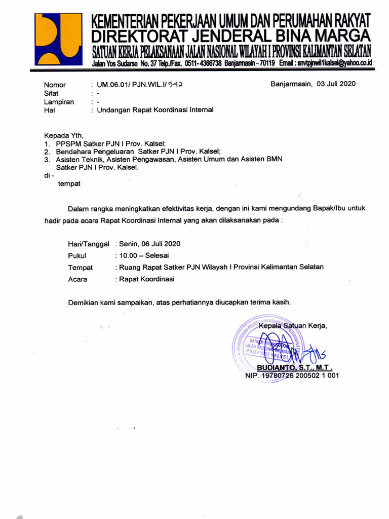 Undangan Rapat Koordinasi Internal PJN I Kalsel | PDF