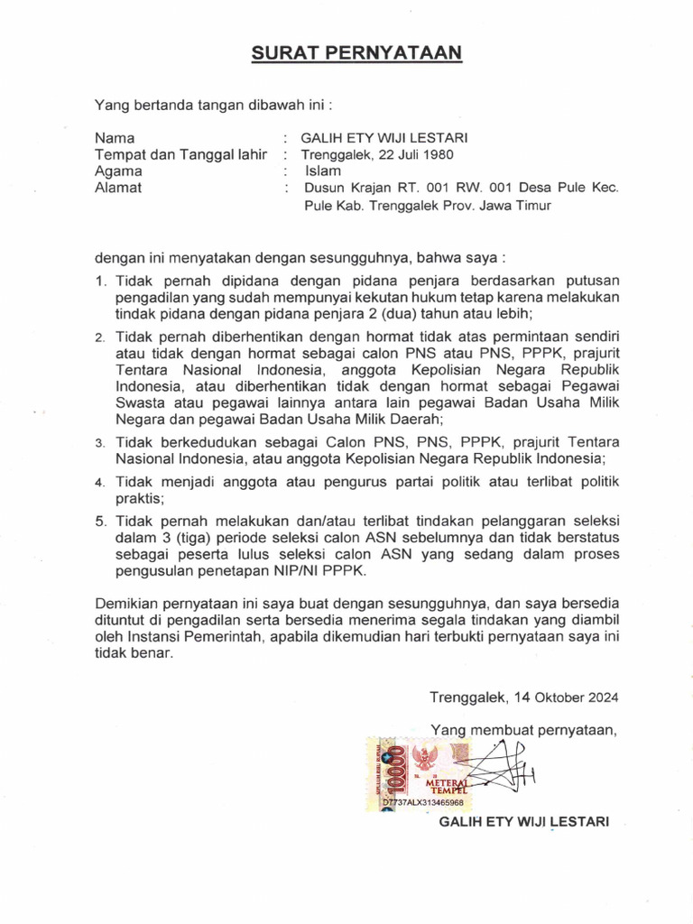 SURAT PERNYATAAN GALIH ETY | PDF