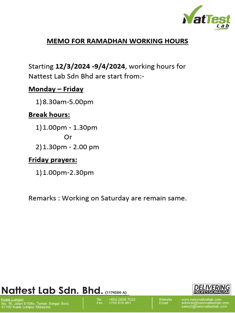 Ramadhan Working Hours Memo 2024 | PDF