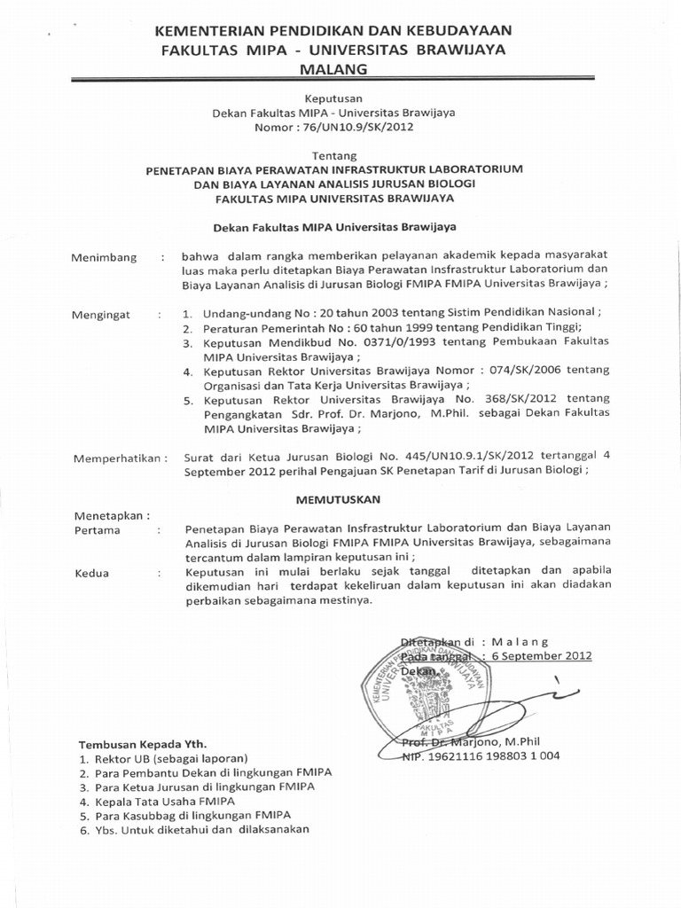 SK Dekan Penetapan Biaya | PDF