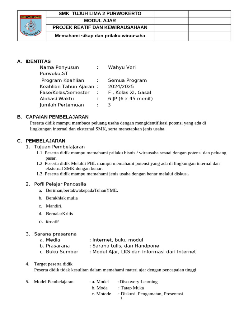 Modul Ajar PKK KUR MERDEKA-2425-SEPTY | PDF