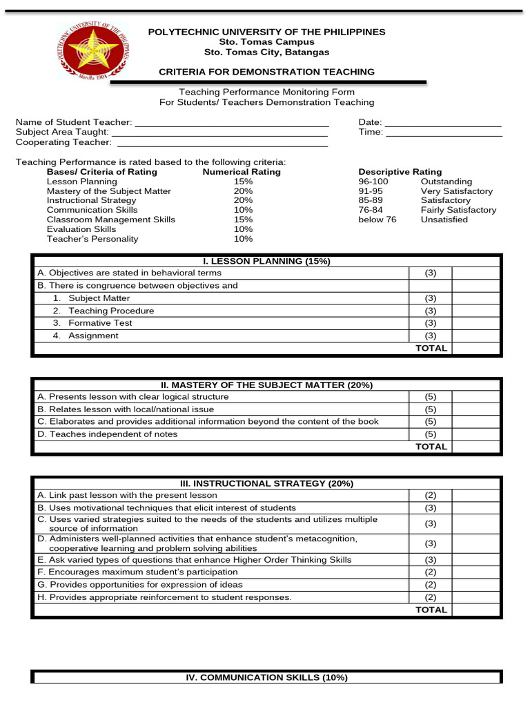 Criteria For Demonstration Teaching | PDF | Teachers | Classroom Management