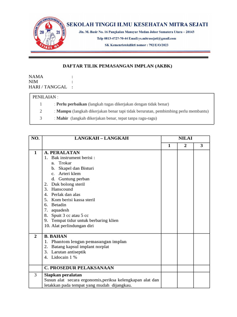 Daftar Tilik Pemasangan KB Implan | PDF