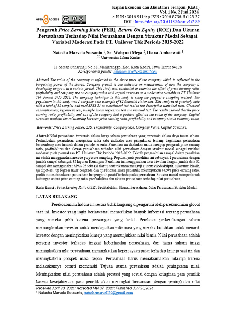 Jurnal 2024 Pengaruh Price Earning Ratio (PER), Return On Equity (ROE ...