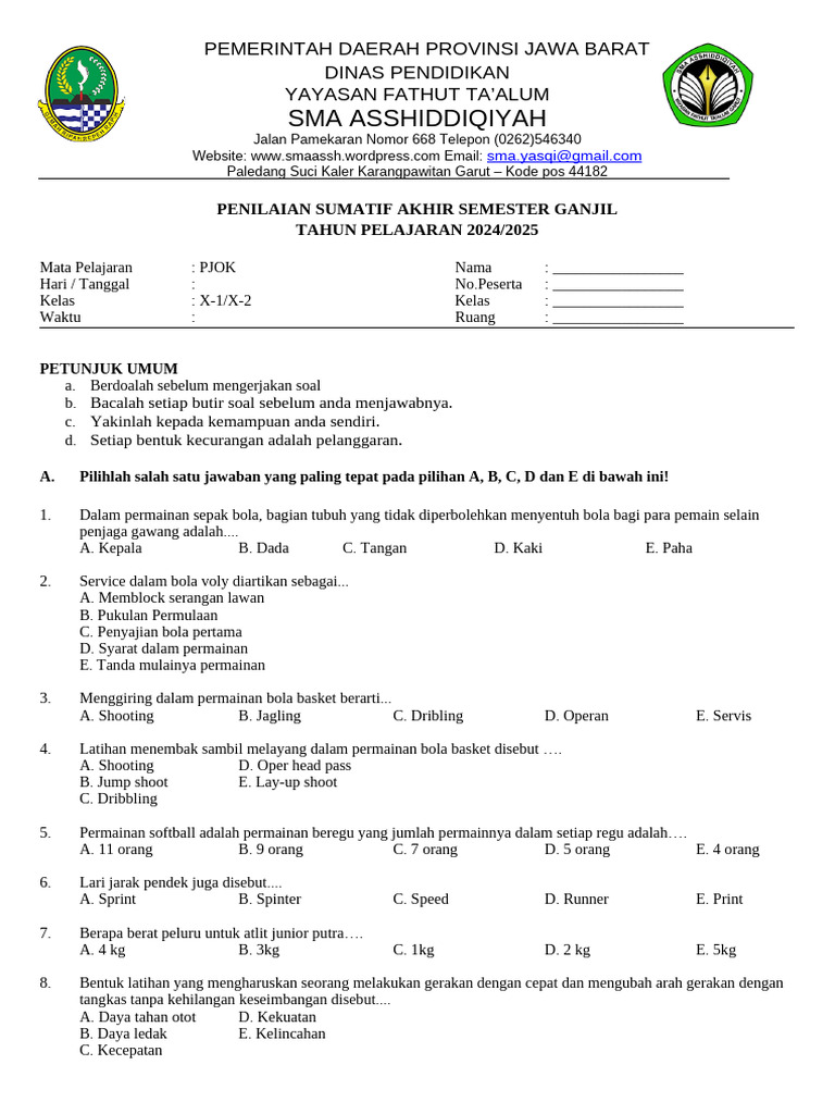 Contoh SOAL PSAS GANJIL KLS X PJOK 2024 | PDF